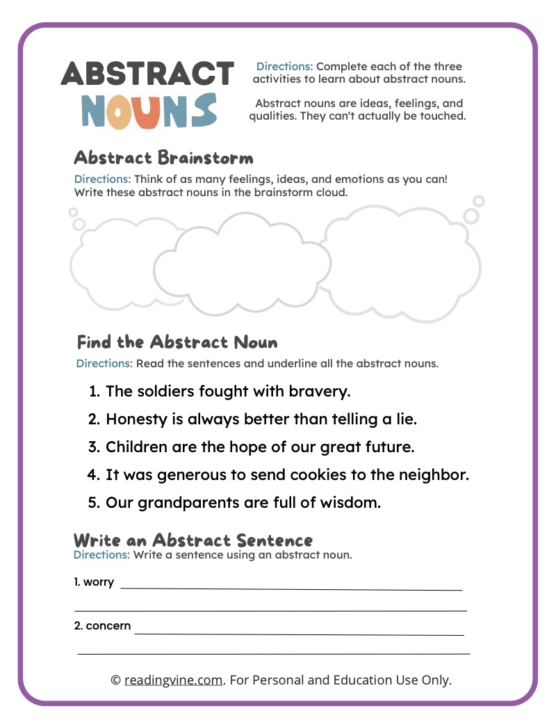 Abstract Noun Worksheets Definition And Examples ReadingVine Abstract Noun Worksheets Definition And Examples ReadingVine
