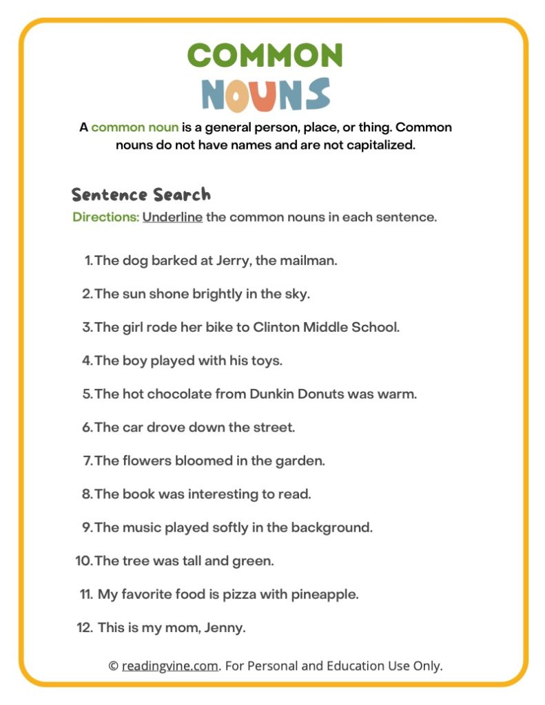 Common Nouns Sentence Search Activity ReadingVine Common Nouns Sentence Search Activity ReadingVine