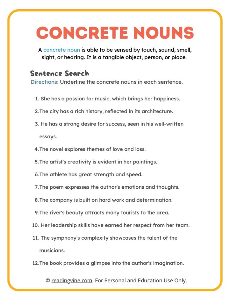 Concrete Nouns Sentence Search Activity - ReadingVine