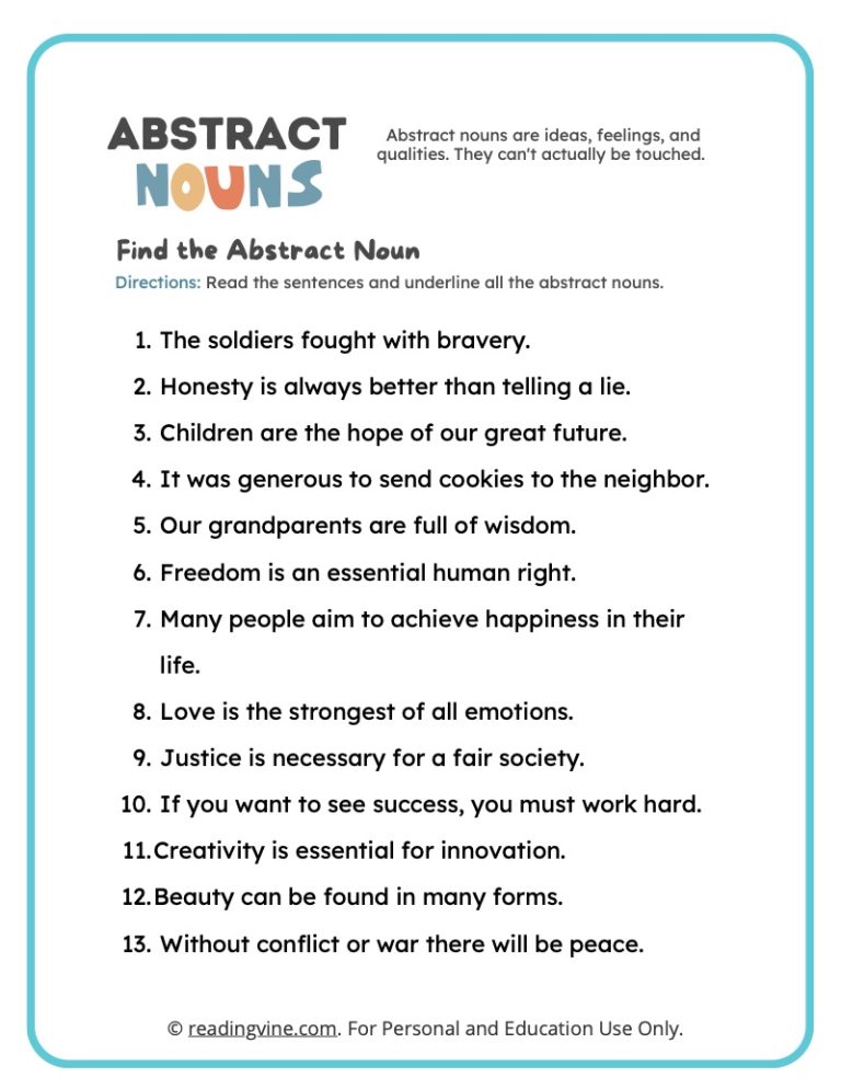 Find the Abstract Nouns - ReadingVine