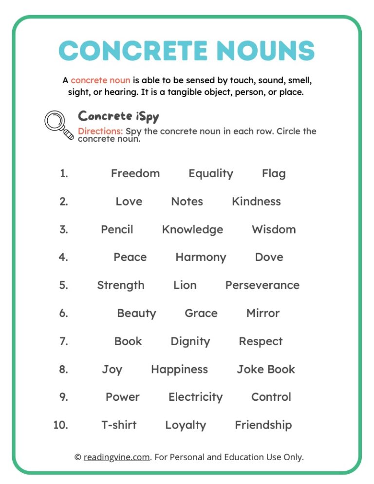 Find the Concrete Nouns - ReadingVine