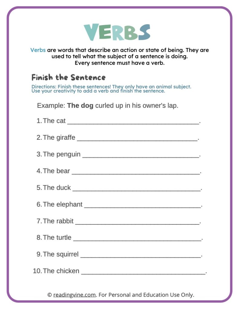 Finish The Sentence Verb Activity image ReadingVine