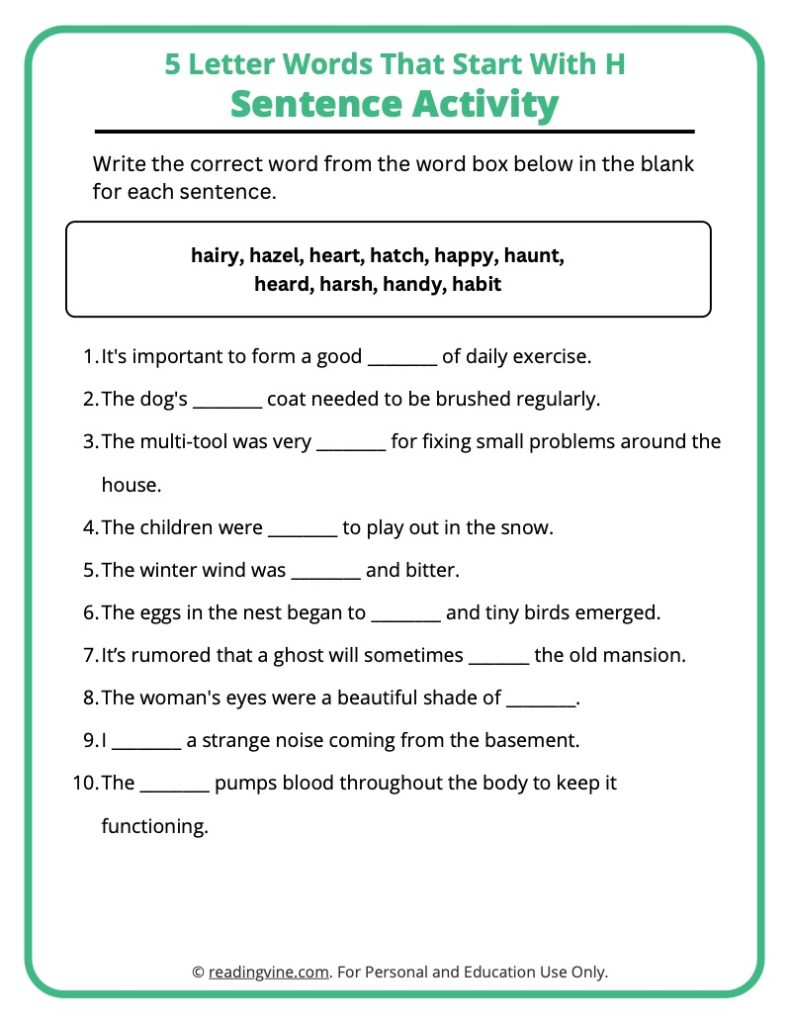 5 Letter H Words Sentence Activity Image ReadingVine 5 Letter H Words Sentence Activity Image ReadingVine