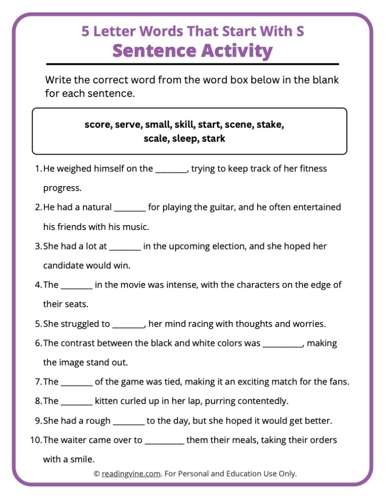 5 Letter S Words Sentence Activity Image ReadingVine 5 Letter S Words Sentence Activity Image ReadingVine