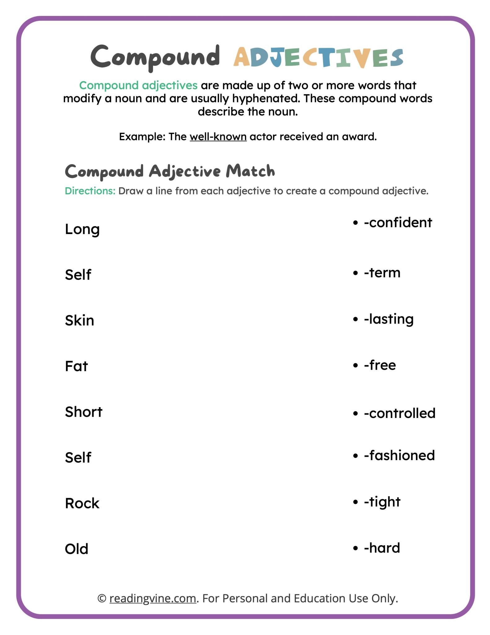 Compound Adjectives Matching Worksheet-image - ReadingVine Compound Adjectives Matching Worksheet-image - ReadingVine