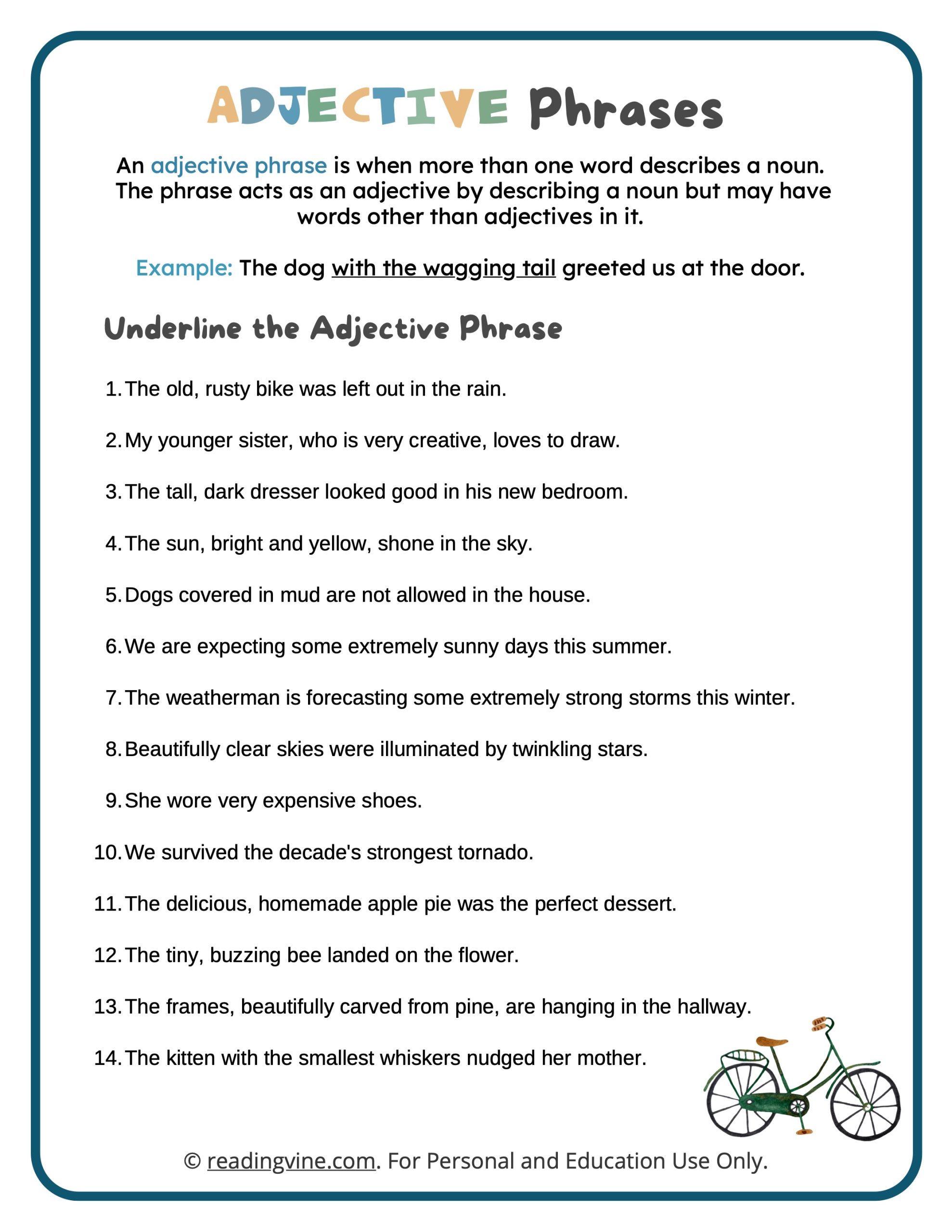 Adjective Phrases Worksheets ReadingVine