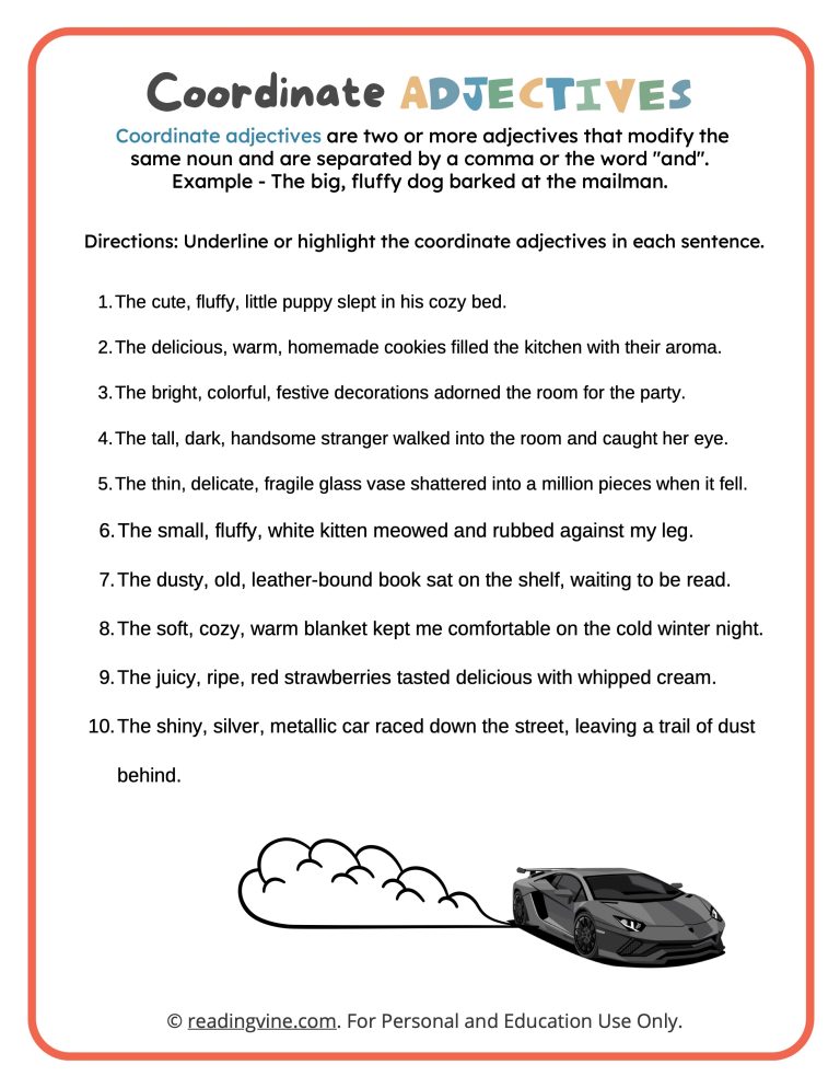 Underline the Coordinate Adjectives Activity - ReadingVine