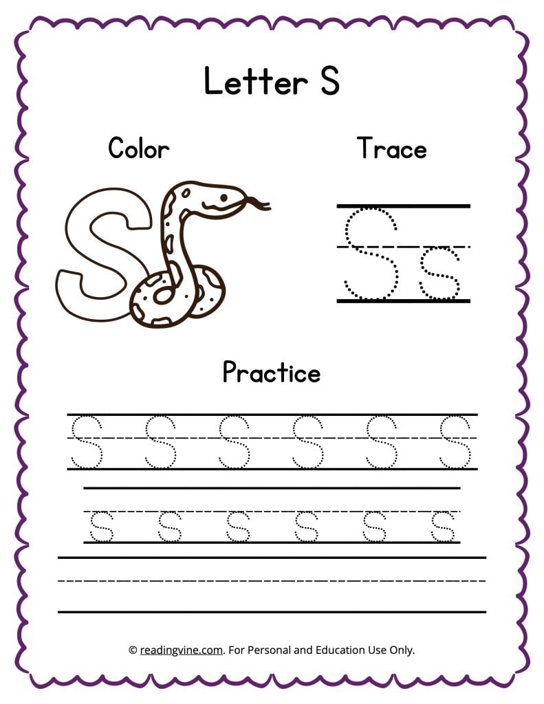 Color, Trace, and Write the Letter S Worksheet-image - ReadingVine Color, Trace, and Write the Letter S Worksheet-image - ReadingVine