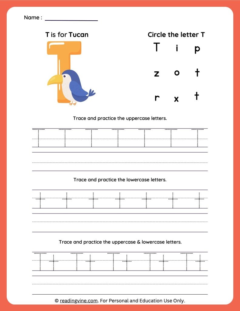 Tracing Uppercase and Lowercase Letter T Worksheet-image - ReadingVine Tracing Uppercase and Lowercase Letter T Worksheet-image - ReadingVine