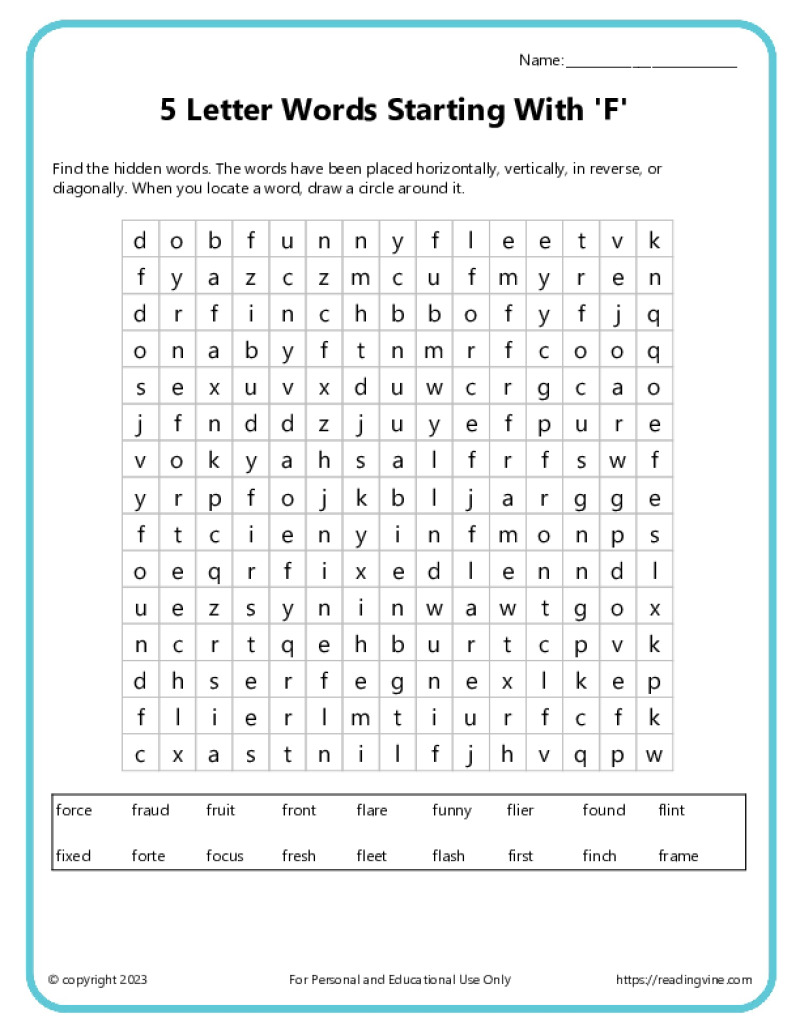 5 Letter Words That Start With F Printable List Worksheets 5 Letter Words That Start With F Printable List Worksheets