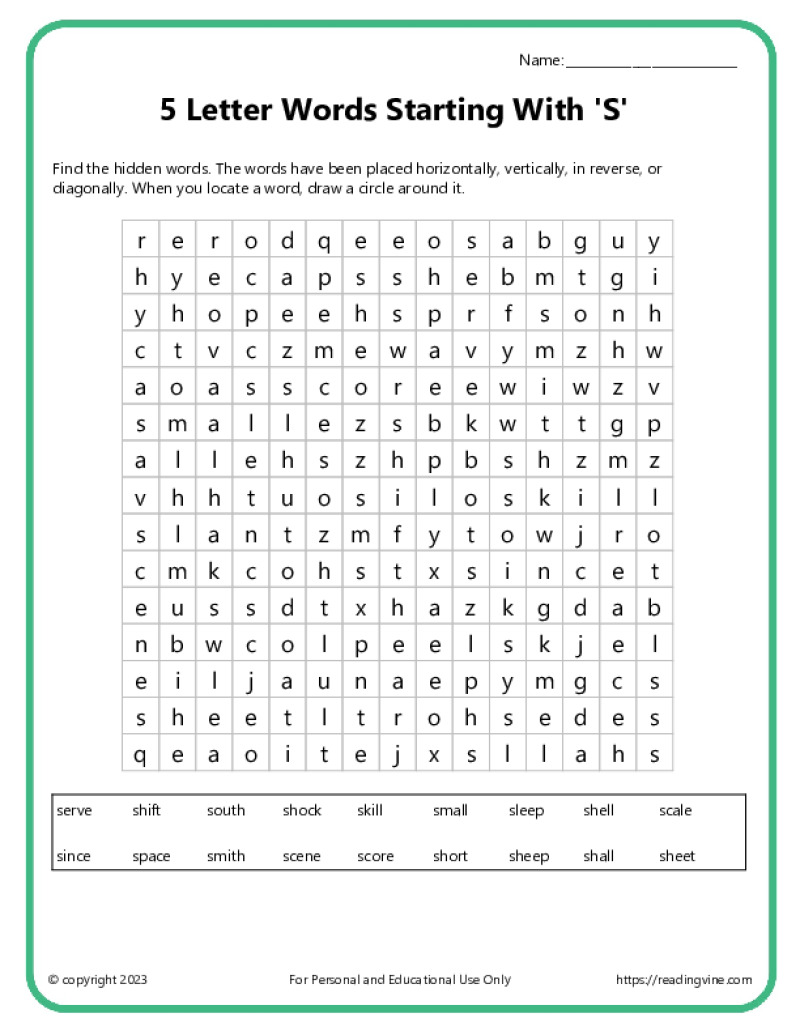 5 Letter Words That Start With S Printable List Worksheets 5 Letter Words That Start With S Printable List Worksheets