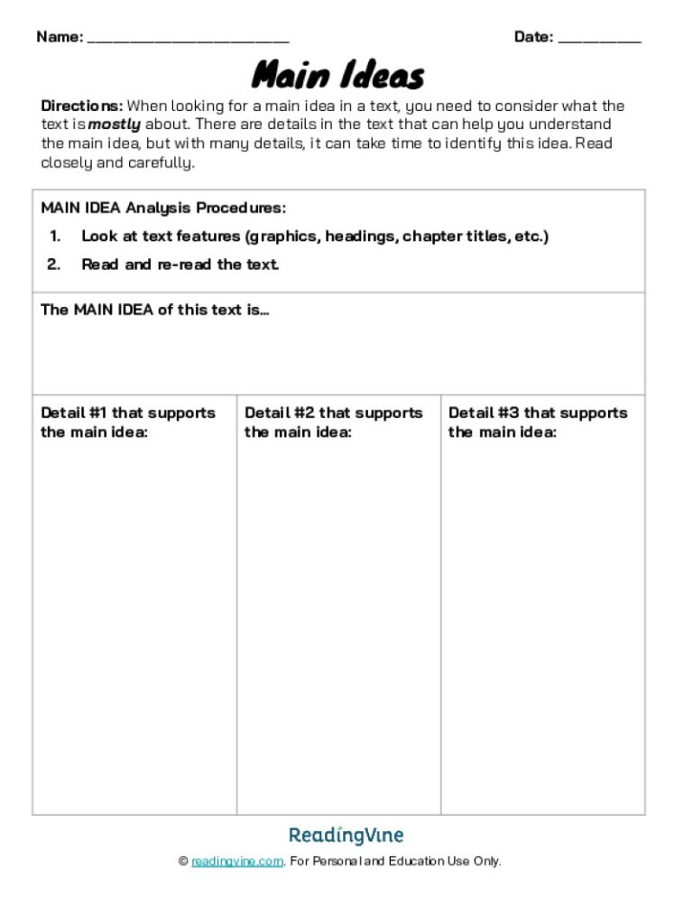 Main Idea Graphic Template (Middle and High School) - ReadingVine