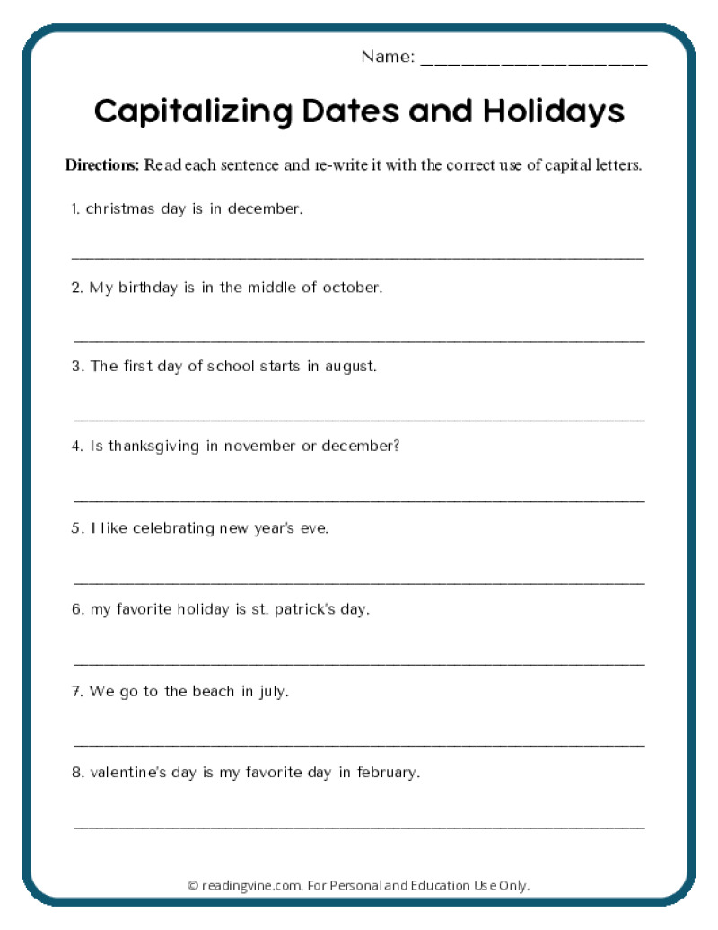Capitalization Worksheets ReadingVine