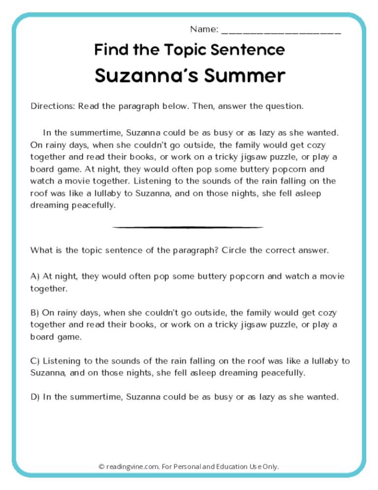 Find the Topic Sentence Suzanna's Summer - ReadingVine