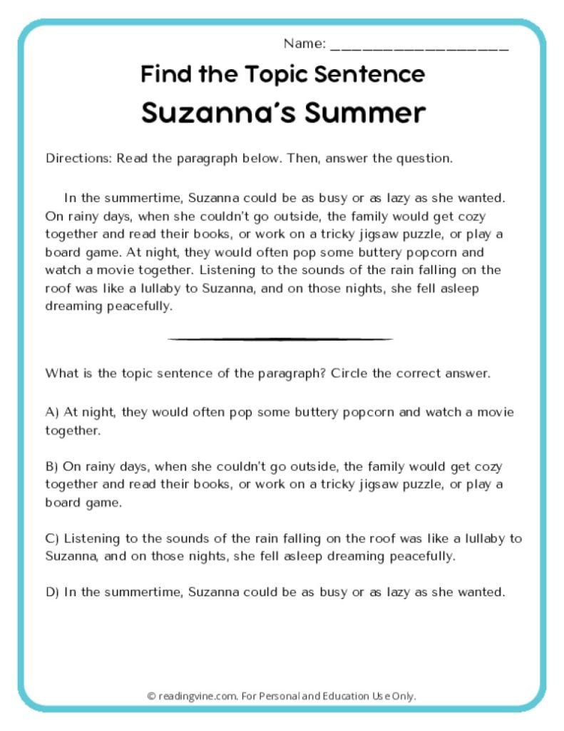 Find the Topic Sentence Suzanna's Summer - ReadingVine