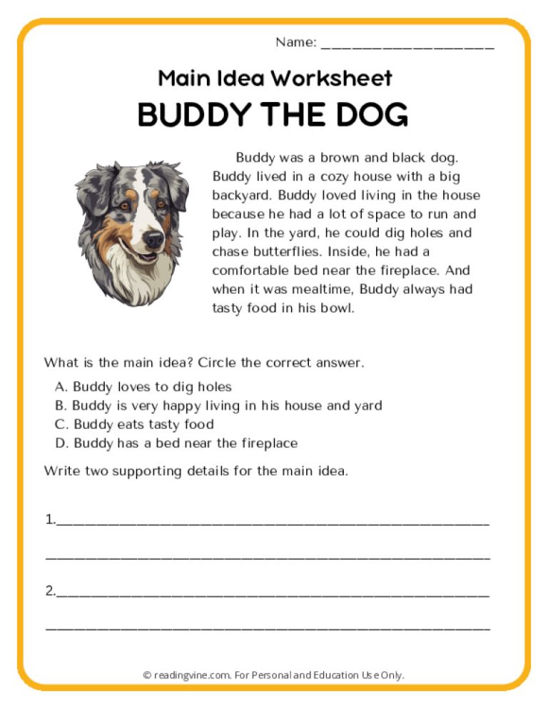 Main Idea Worksheet Buddy the Dog - ReadingVine